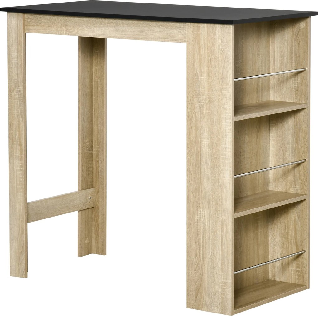 HOMCOM Vysoký Barový Stůl - dim. 112D x 57Š x 106V cm - 3 police - světlý dub-černý povrch