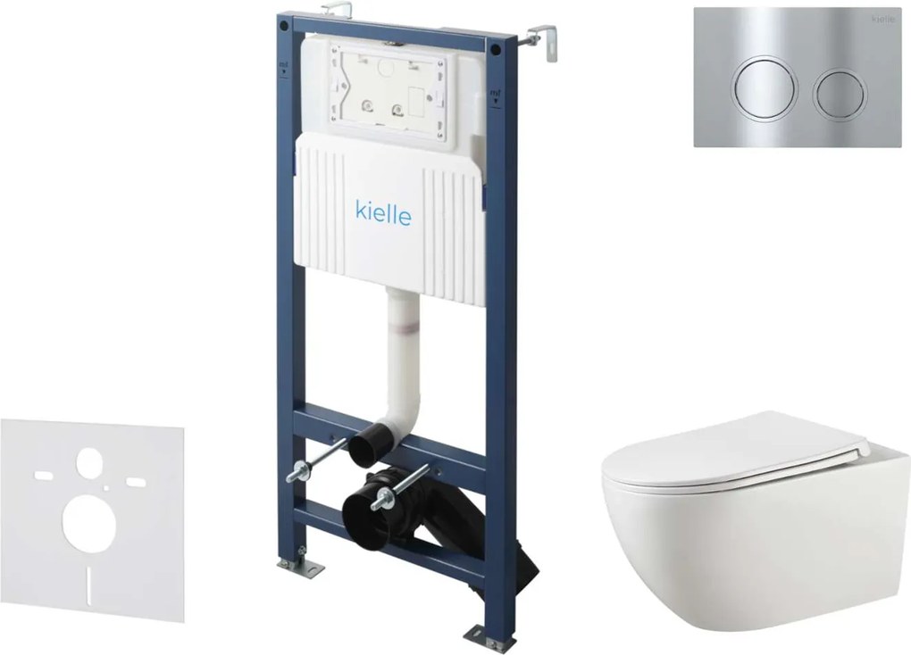 kielle Genesis New - Set předstěnové instalace, klozetu Gaia, Rimless, sedátka softclose a tlačítka Gemini New II, lesklý chrom 30528SS14