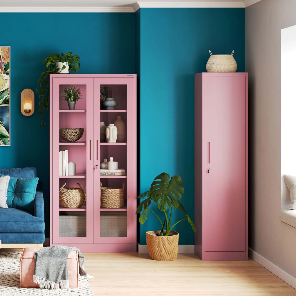 Úzká kovová kancelářská skříň na spisy a dokumenty, pudrově růžová, 450x1850x400 mm: ALEX Fresh Style