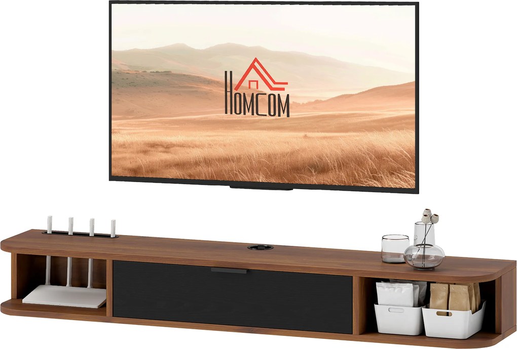 HOMCOM televizní stolek až do 127 cm, závěsný se sklápěcí zásuvkou, 2 otevřené police a průchod kabelu, 120x24x16 cm, ořech
