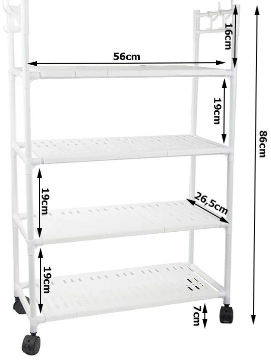 Verk Group Koupelnová polička kuchyňská skříňka pojízdná regálová jednotka na kolečkách 4 úrovně háčky