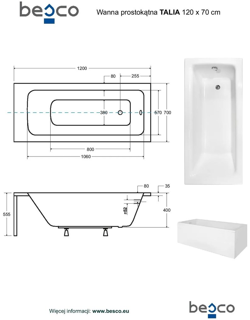 BESCO Obdélníková vana TALIA Nožičky k vaně - Bez nožiček, Rozměr vany - 120 × 70 cm - VANTAL12