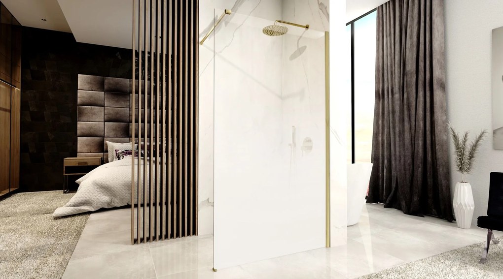 Rea Aero Ombre, sprchová zástěna Walk-In 110x195 cm, 8mm čiré sklo s bílým vzorem, zlatý matný profil, REA-K2465