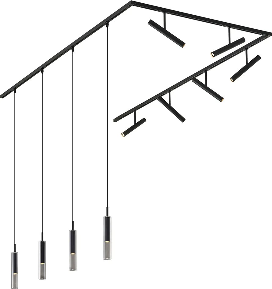 Moderní kolejnicový systém černý s 6 bodovými světly a 4 závěsnými světly černý 1-fázový - Slimline Avery Loyce