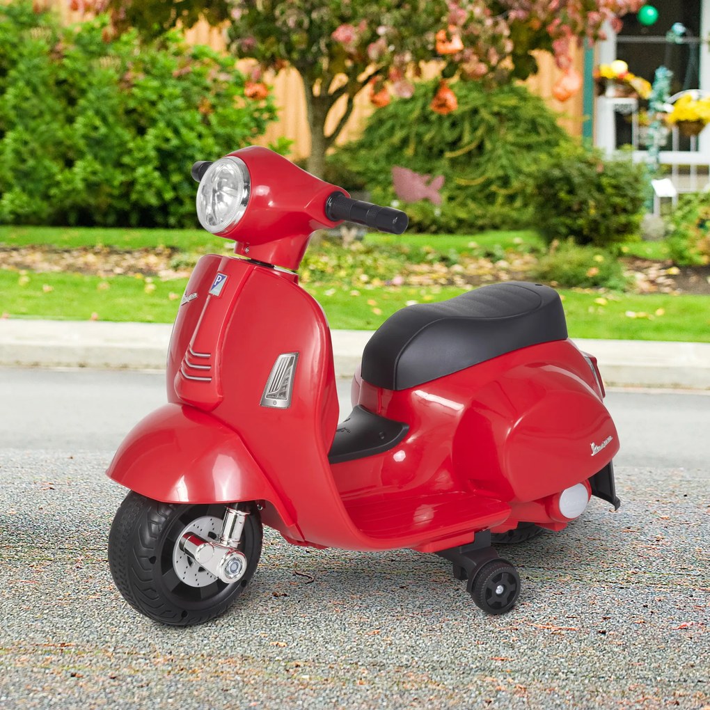 HOMCOM VESPA elektrická motorka dětská motorka elektrické vozidlo 18-36 měsíců 3 km/h LED světlo zvuk PP plast kov červená 66,5 x 38 x 52 cm