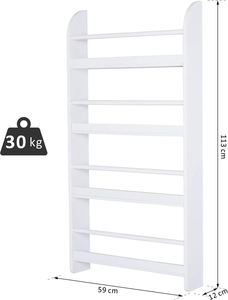 HOMCOM Nástěnná knihovna se 4 policemi - dětská knihovna pro domácí kancelář, nosnost 30 kg, 59x12x113 cm, bílá
