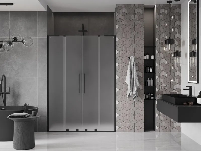 Mexen Velar L Duo, posuvné sprchové dveře do otvoru 140 cm, 8mm sklo námraza, černá matná, 871-140-003-32-70