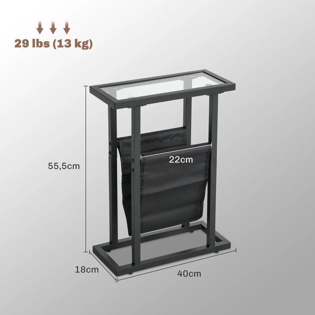 HOMCOM Noční stolek se látkovým košem, skleněná deska, konferenční stolek s kovovými nohami, stolek k pohovce do obývacího pokoje 40 x 18 x 55,5 cm Č…
