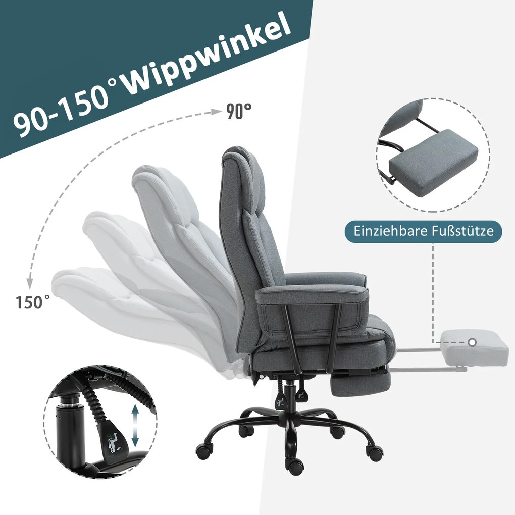Kancelářská židle Vinsetto s funkcí polohování 150° skládací ergonomická kancelářská židle s opěrkou hlavy výškově nastavitelnou až do 135 kg šedá | …