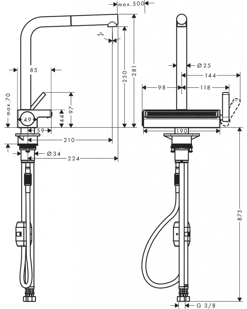 Hansgrohe Aquno Select M81 - Páková kuchyňská baterie 250, vytahovatelný výtok, 2jet, černá matná 73836670