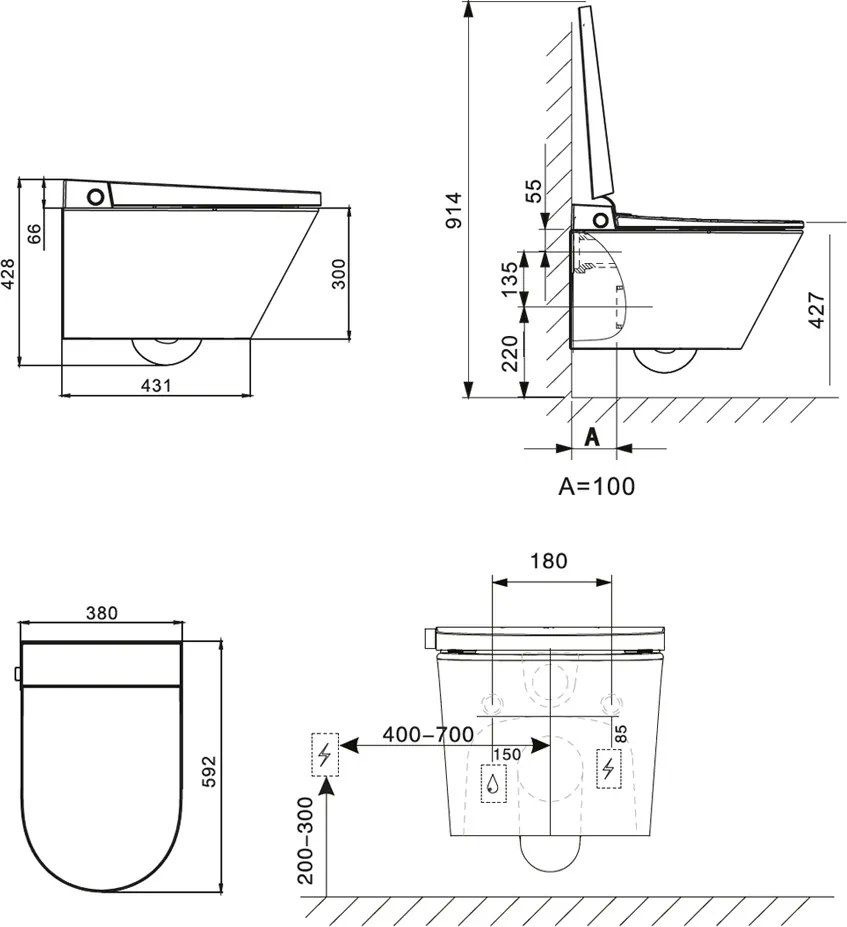 Mereo, Mereo WC s integrovaným elektronickým bidetem, RIMLESS, 592x380x430 cm, keramické, vč. sedátka, MER-VSD110S2