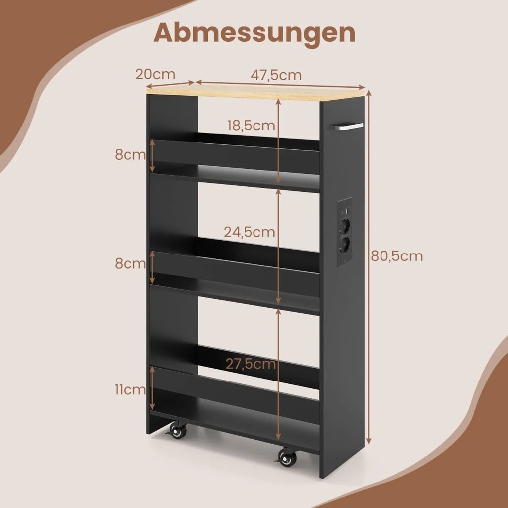 Costway 20 cm tenký úložný vozík s nabíjecí stanicí 4patrový