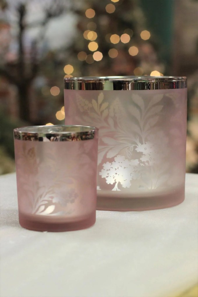 Růžový skleněný svícen Kytka 10cm
