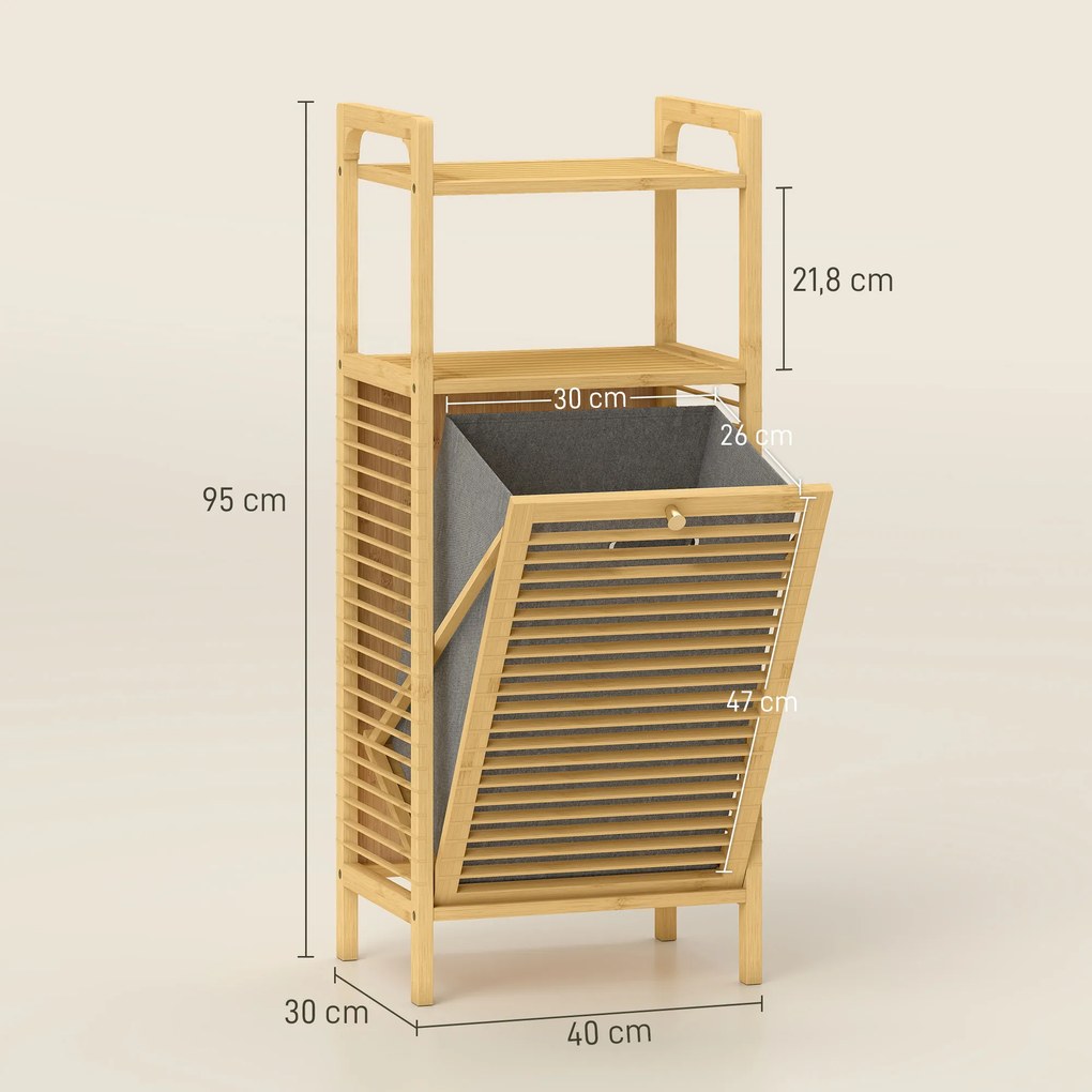 HOMCOM koupelnová skříňka z bambusu se 2 otevřenými policemi, vyjímatelným košem a lamelovým designem 40x30x95 cm přírodní