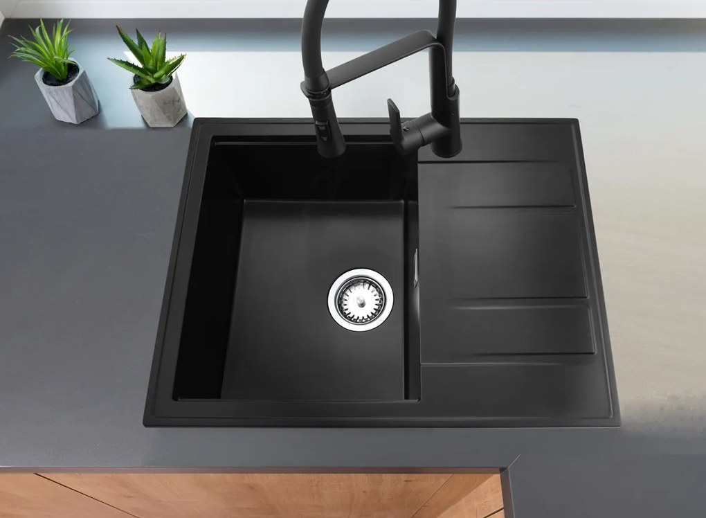 Gamma Modern 6550, 1-komorový granitový dřez 650x500x210 mm s krátkým odkapávačem, černá, GMA-ZLE000089