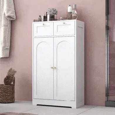 HOMCOM úzká koupelnová skříň s 2 zásuvkami, otevřenou policí a obloukovými dveřmi 60x30x108 cm, ražená bílá