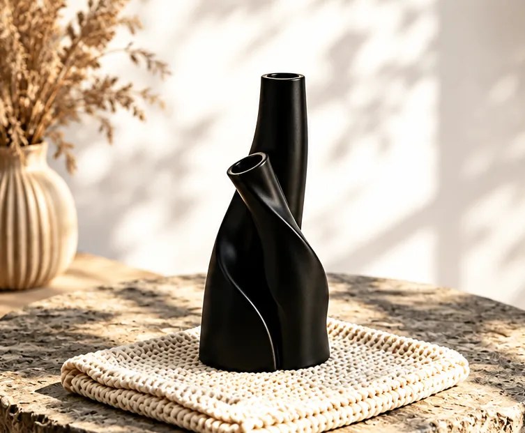 váza, styl Boho, plast, 14x6x6 cm, černá, Dekorino VD0260008