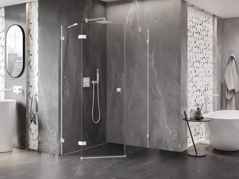 Mexen Lunar, Pětiúhelníkový sprchový kout Mexen Lunar s výklopným levým oknem 90 x 100 cm, 8mm čiré sklo, bílý profil, 831-090L-100P-01-20-L