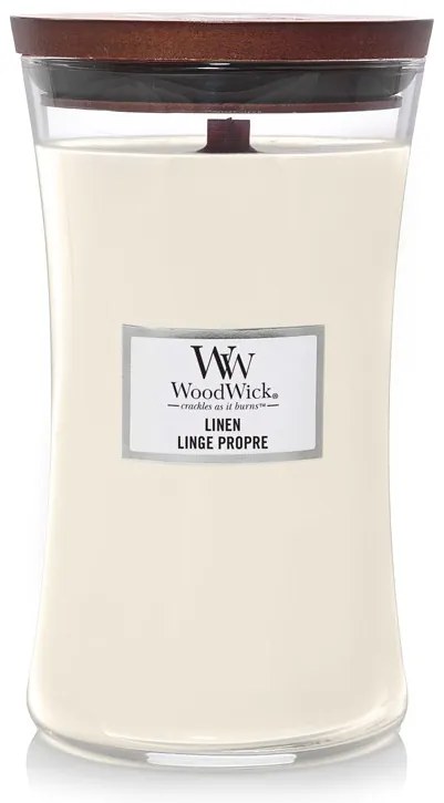 WoodWick vonná svíčka s dřevěným knotem velká Linen 609 g