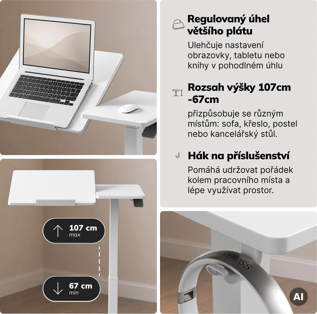 Stolek pod notebook mobilní, nastavitelný, multifunkční, bílý: BILL