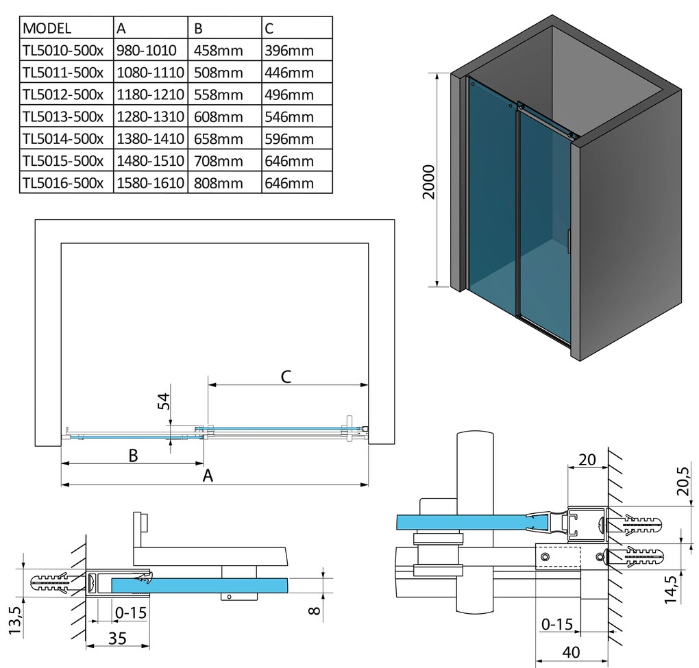 Polysan, THRON LINE SQUARE sprchové dveře 1000 mm, hranaté pojezdy, čiré sklo, TL5010-5002