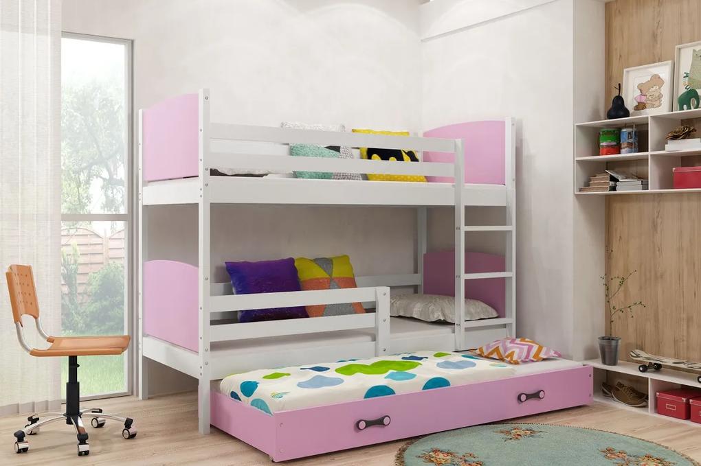 ImportWorld Dětská patrová postel Evžen - 3 osoby, 80x160 s výsuvnou přistýlkou – Bílá, Růžová