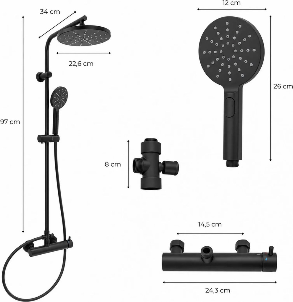 Erga Dubaj, sprchový set s baterií a hlavovou sprchou 23 cm, černá matná, ERG-YKA-BP.DUBAJ23-BLK