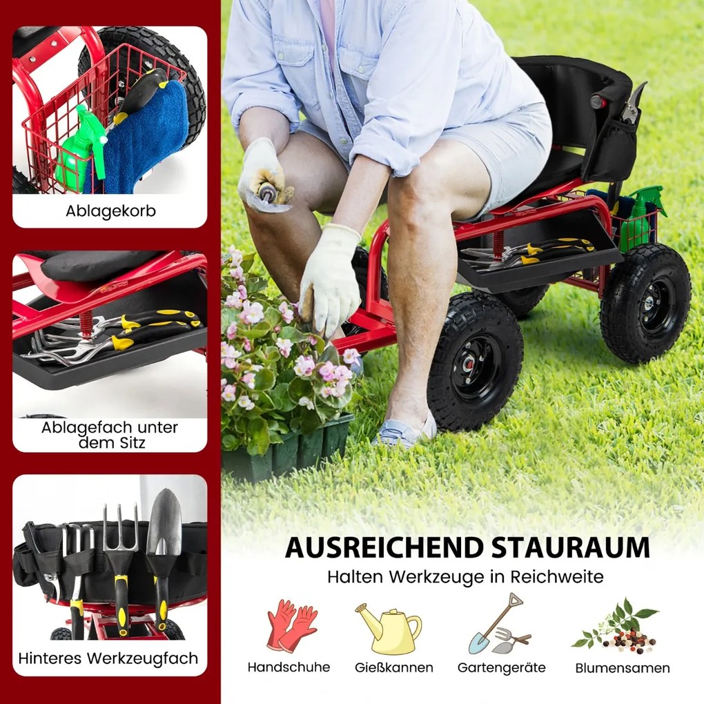 Costway Mobile Gardening Seat Zahradní vozík Řiditelný vozík na nářadí s úložným