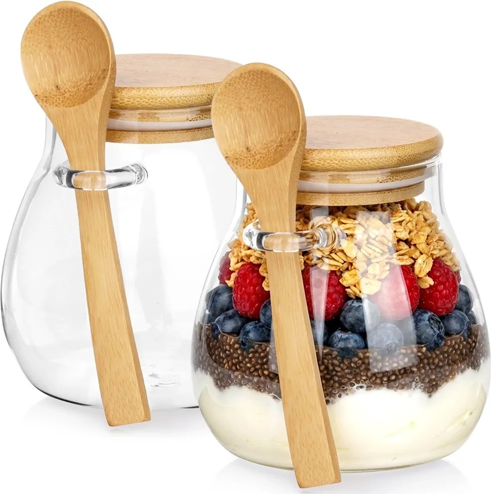 VILDE Sada 2ks sklenic na jogurt / dezert s bambusovým víčkem a lžicí, 2x440ml