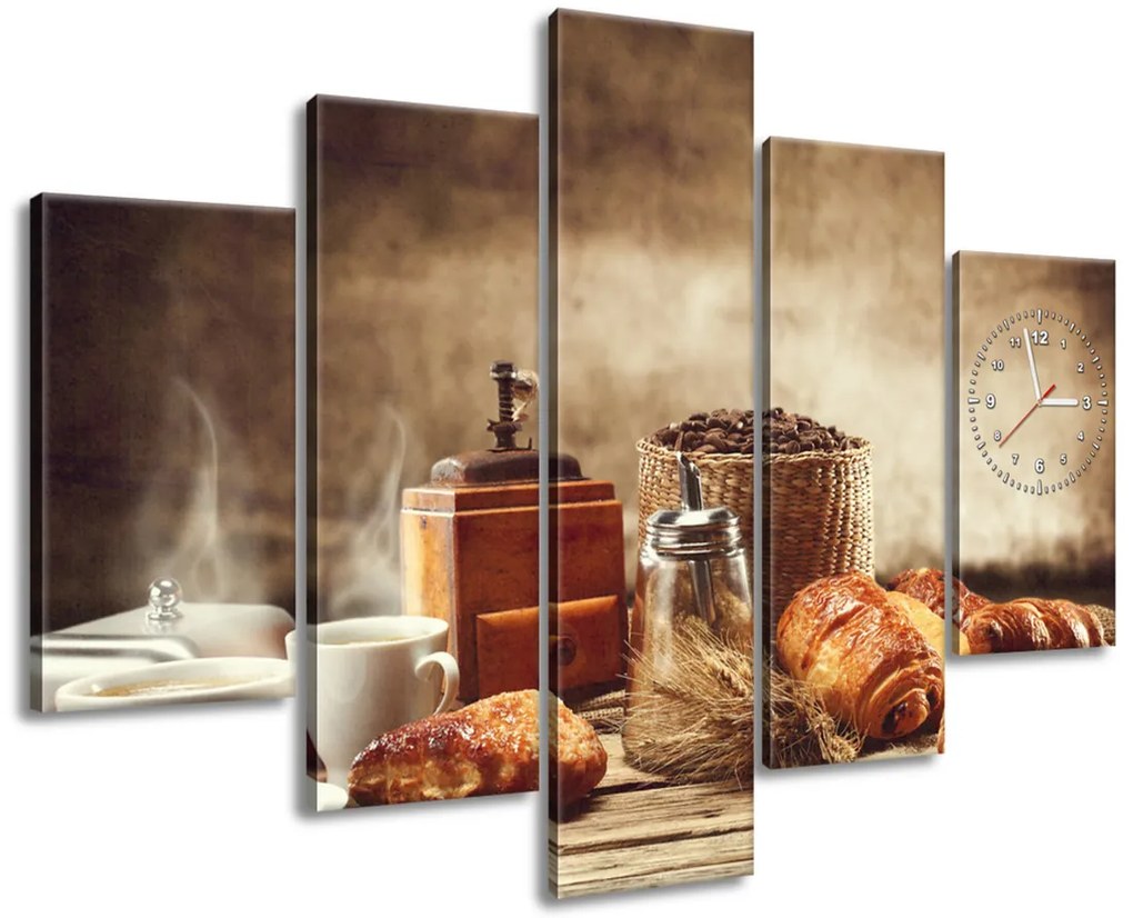 Gario Obraz s hodinami Chutná snídaně - 5 dílný Rozměry: 150 x 105 cm