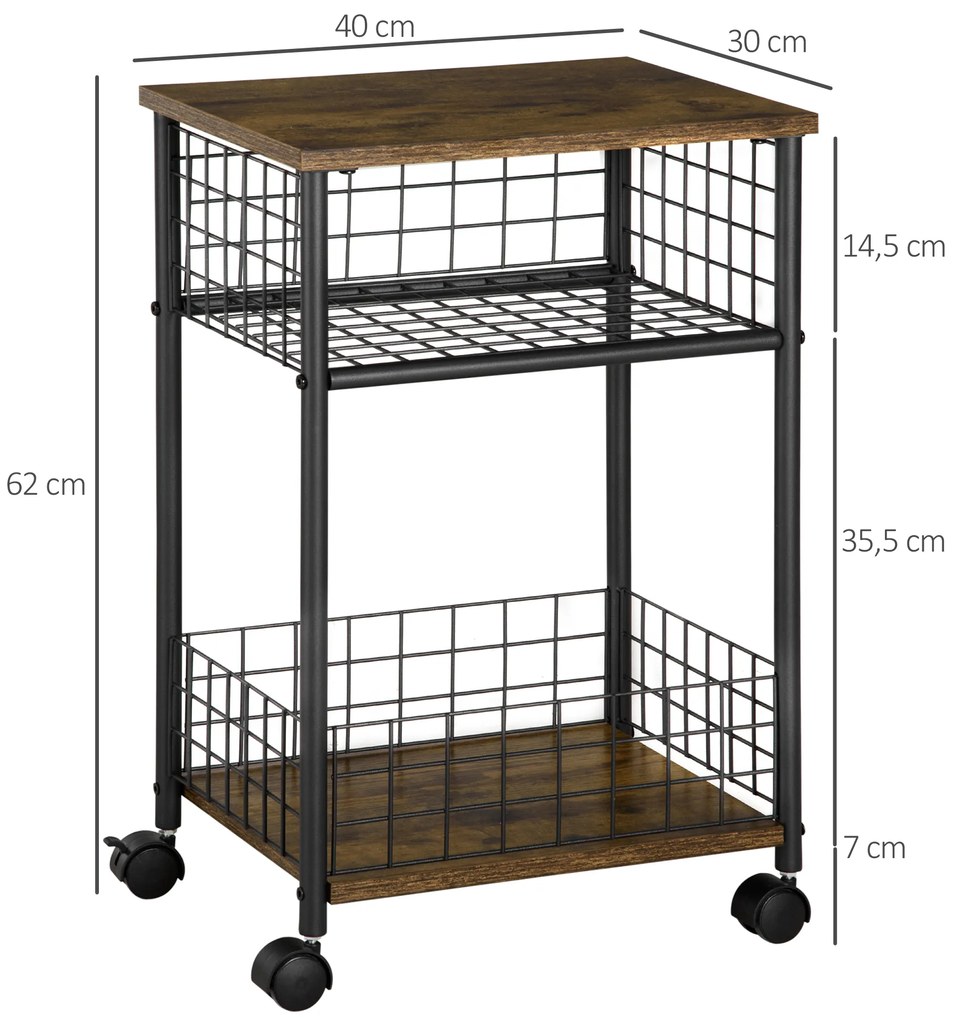 HOMCOM Kuchyňský vozík Servírovací vozík s pracovní deskou a 2 úložnými koši, otočná kolečka o 360°, rustikálně hnědý, 40x30x62 cm | Aosom.de