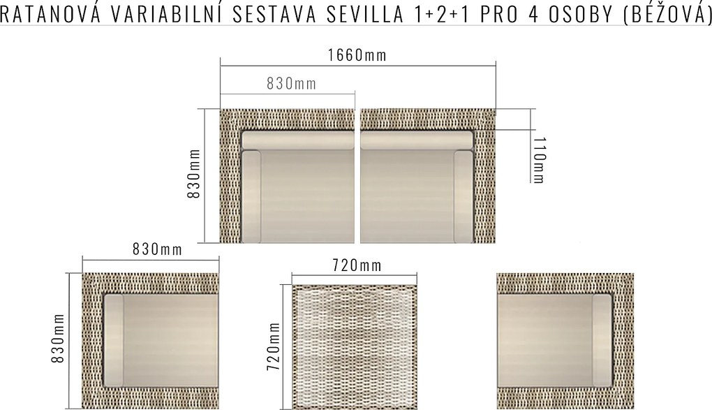 DEOKORK Ratanová variabilní sestava SEVILLA 1+2+1 pro 4 osoby (béžová)