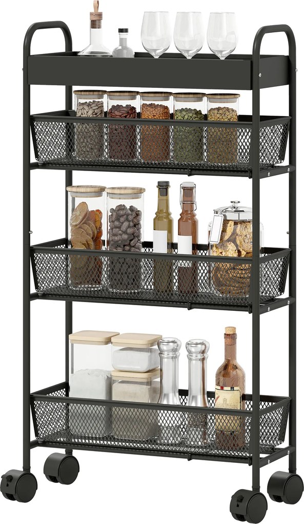HOMCOM 4patrový úložný vozík, pojízdný vozík, 3 vysouvací koše, horní přihrádka 19 x 43,2 x 80 cm černá