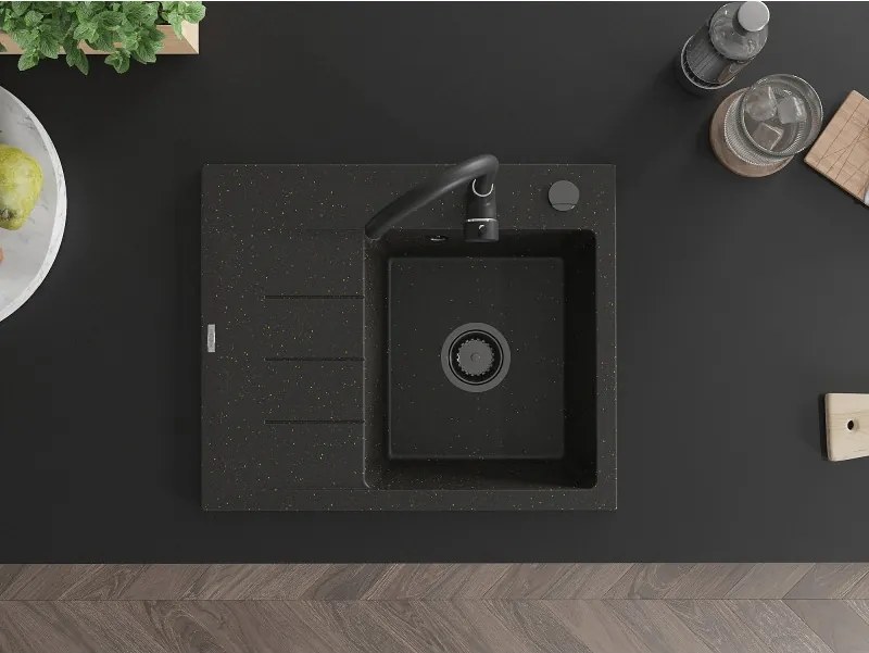 Mexen Ben, 1-komorový granitový dřez 600x500x190 mm, pravý + černý sifon, černá-zlatá metalíza, 6523605000-75-B