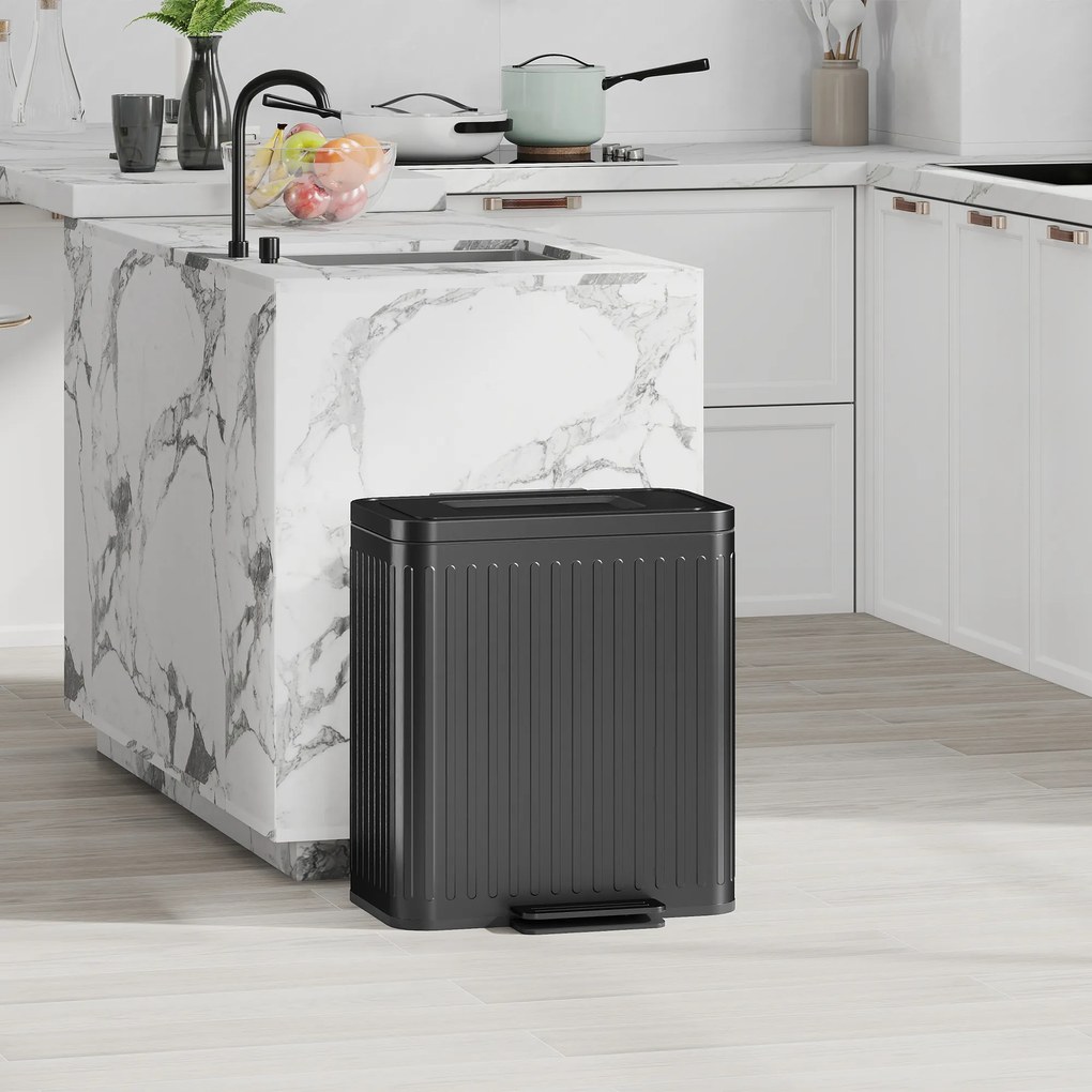 Kuchyňský odpadkový koš, 2 přihrádky po 20 l, efektivní třídění odpadu, nožní pedál, plast, kov, černý