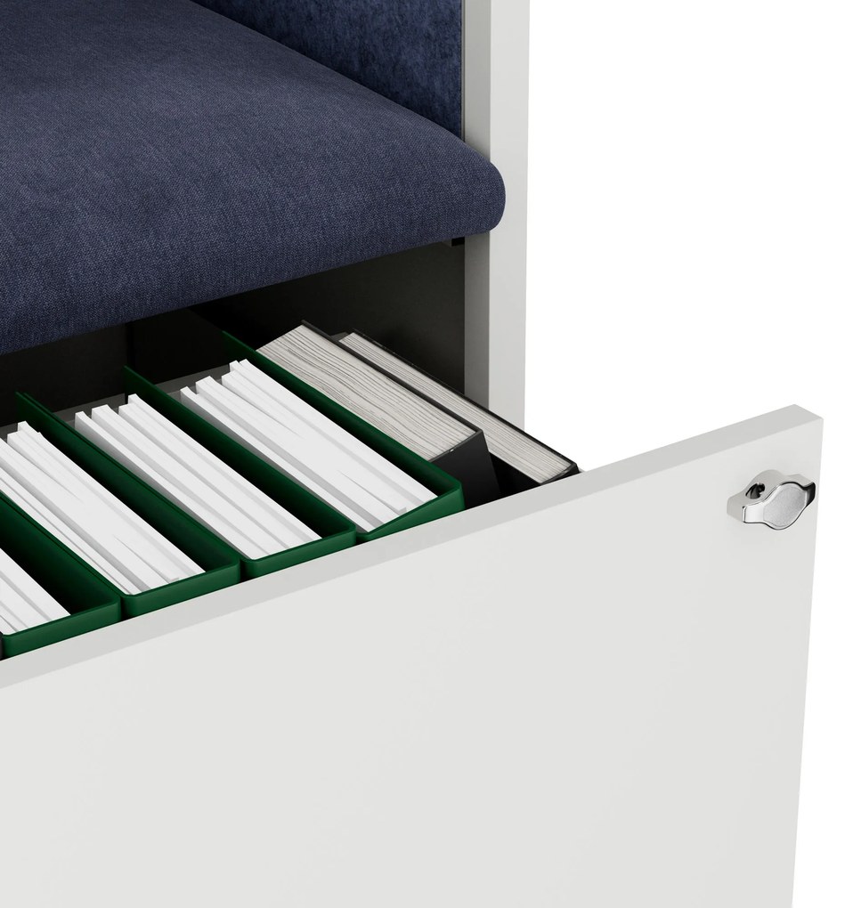 Kancelářská akustická kabina se sedátkem a USB-C portem, korpus bílý / sedák námořnická modrá, 1150 mm: SALLY MentalBox