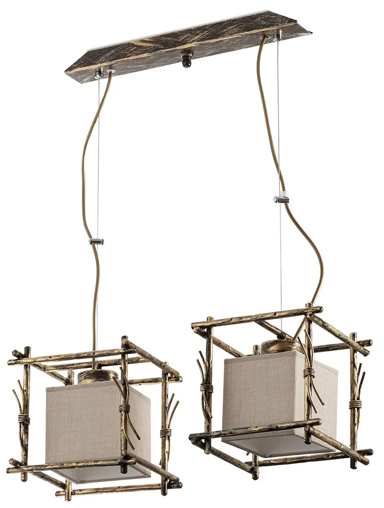 Light for home - Závěsný lustr s dvěma stínítky 16702 "SAVANNA CUBO", 2x40W, E27, hnědá, zlatá, světle zelená