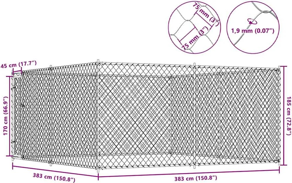 vidaXL Marketos Venkovní psí kotec 383 x 383 x 185 cm