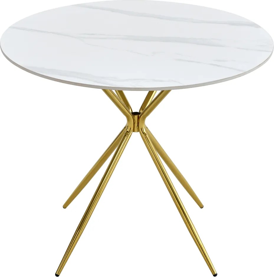 Jídelní stůl, bílý mramor/gold chrom zlatá, průměr 90 cm, MEKNER
