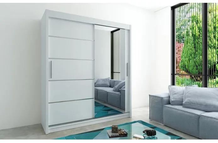 Velká skříň s posuvnými dveřmi a zrcadlem Adéla 200 v barvě bílé