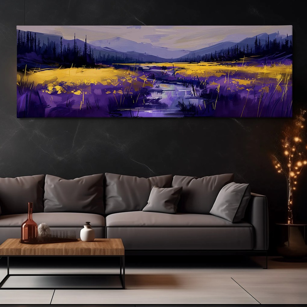 Obraz na plátně - Zlatavé pole v kraji Deep Purple FeelHappy.cz Velikost obrazu: 150 x 50 cm