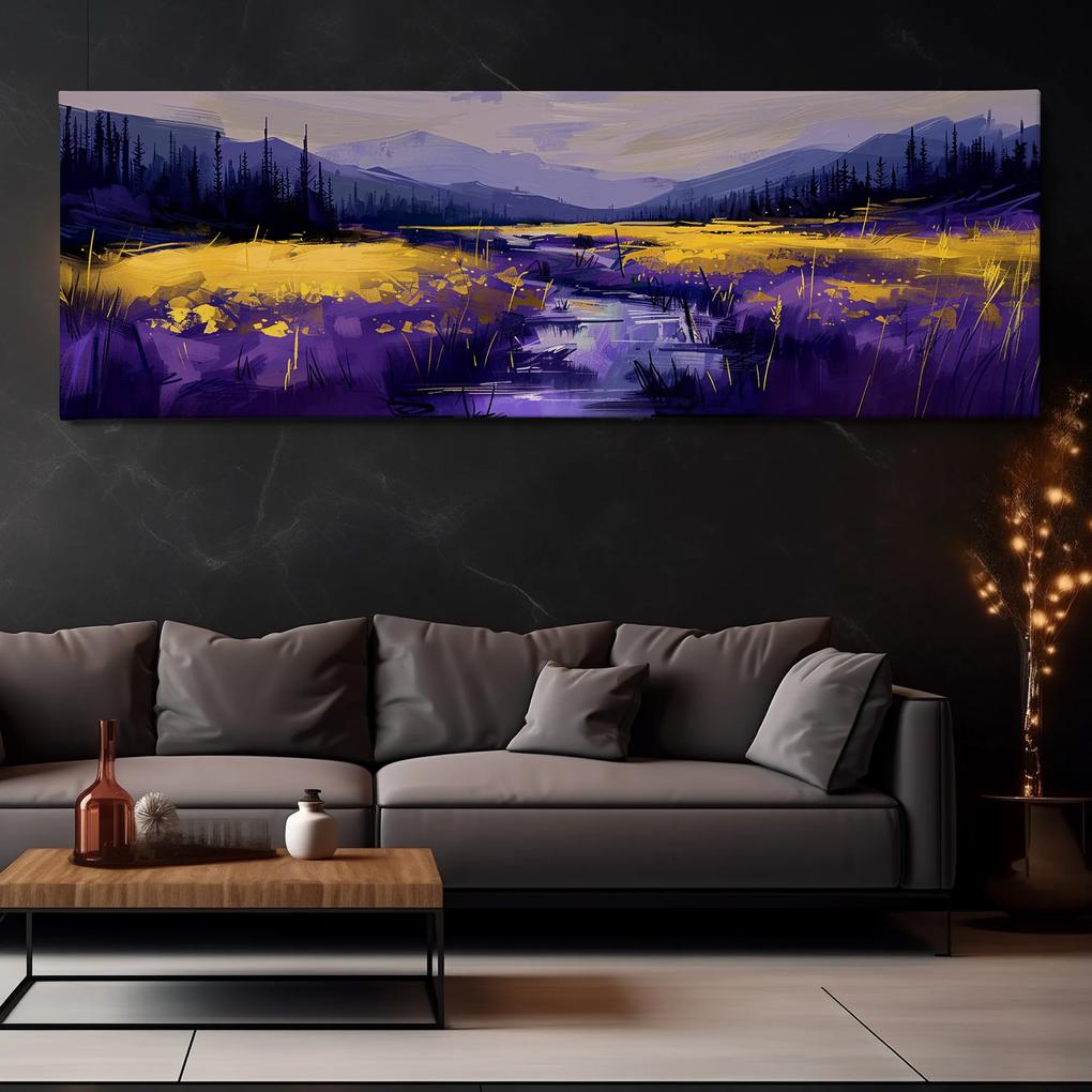 Obraz na plátně - Zlatavé pole v kraji Deep Purple FeelHappy.cz Velikost obrazu: 210 x 70 cm