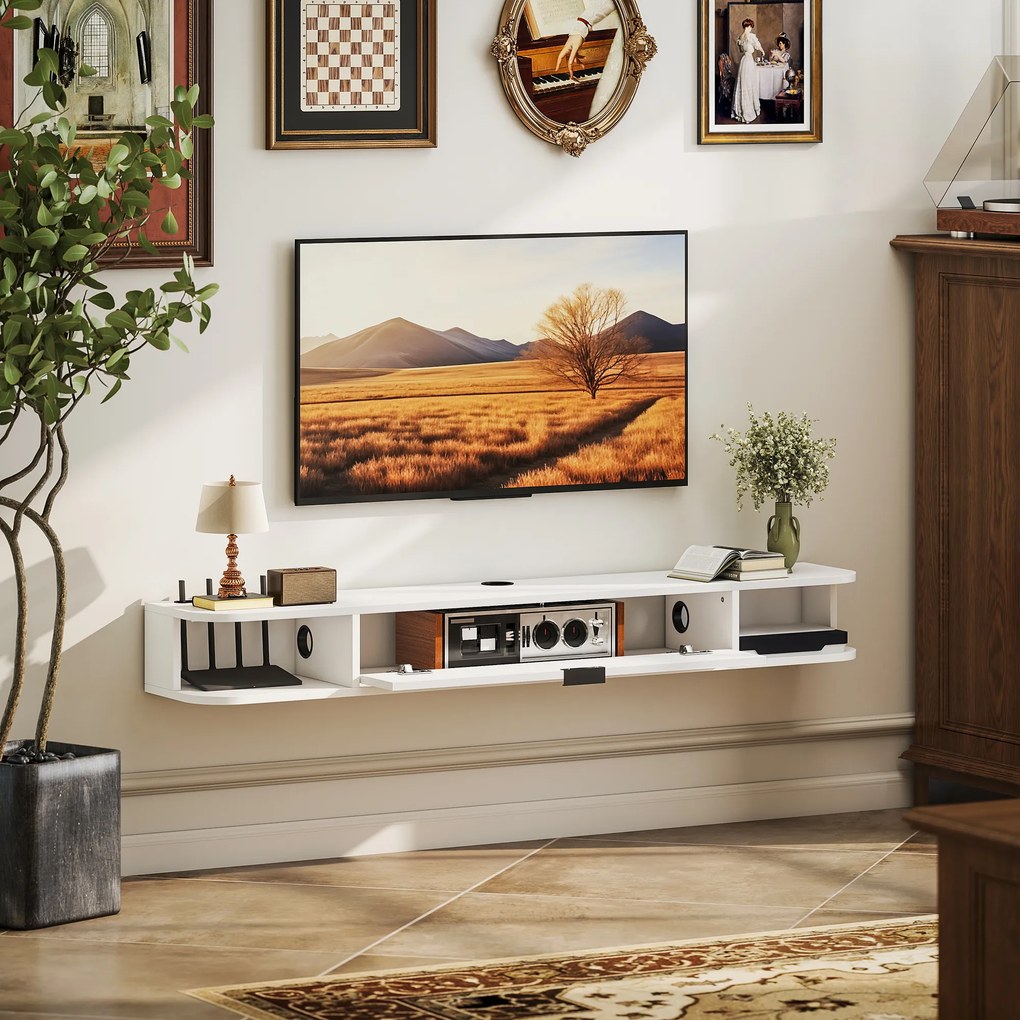 HOMCOM Závěsný TV nábytek, televizní nábytek pro televize až do 152,4 cm, výklopná zásuvka, 2 police, 140x24x16 cm, bílá