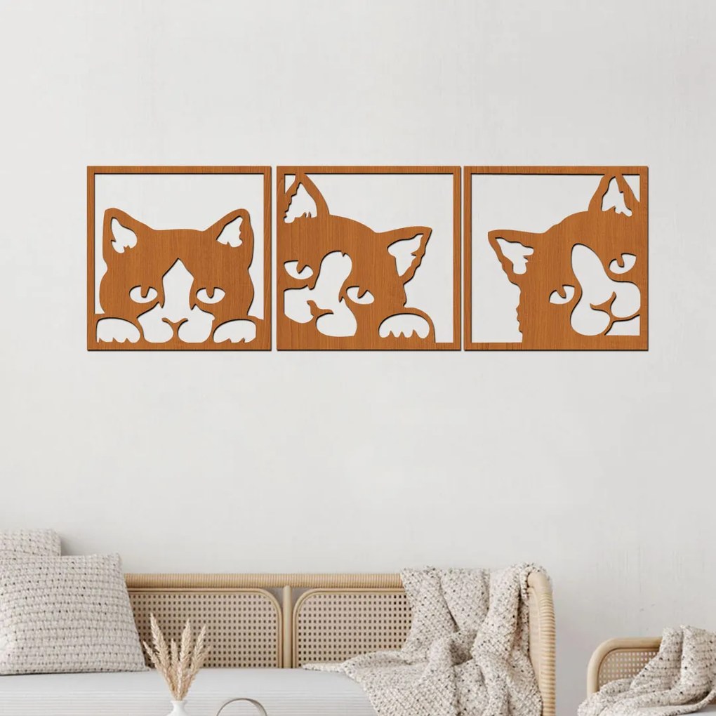 dřevo života 3 dílný dřevěný obraz koček Zvolte rozměr (cm): 60x20, Zvolte barvu dekoru: Antracitová