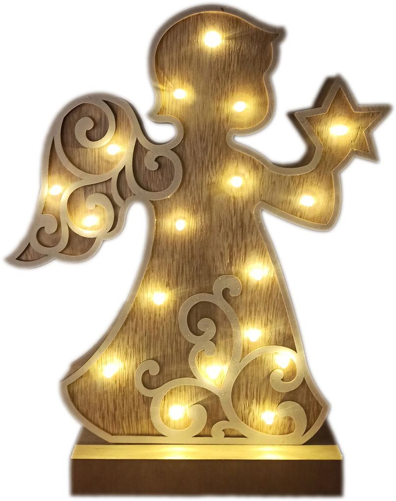 Vánoční dekorační LED dřevěná ozdoba, Anděl, 32cm
