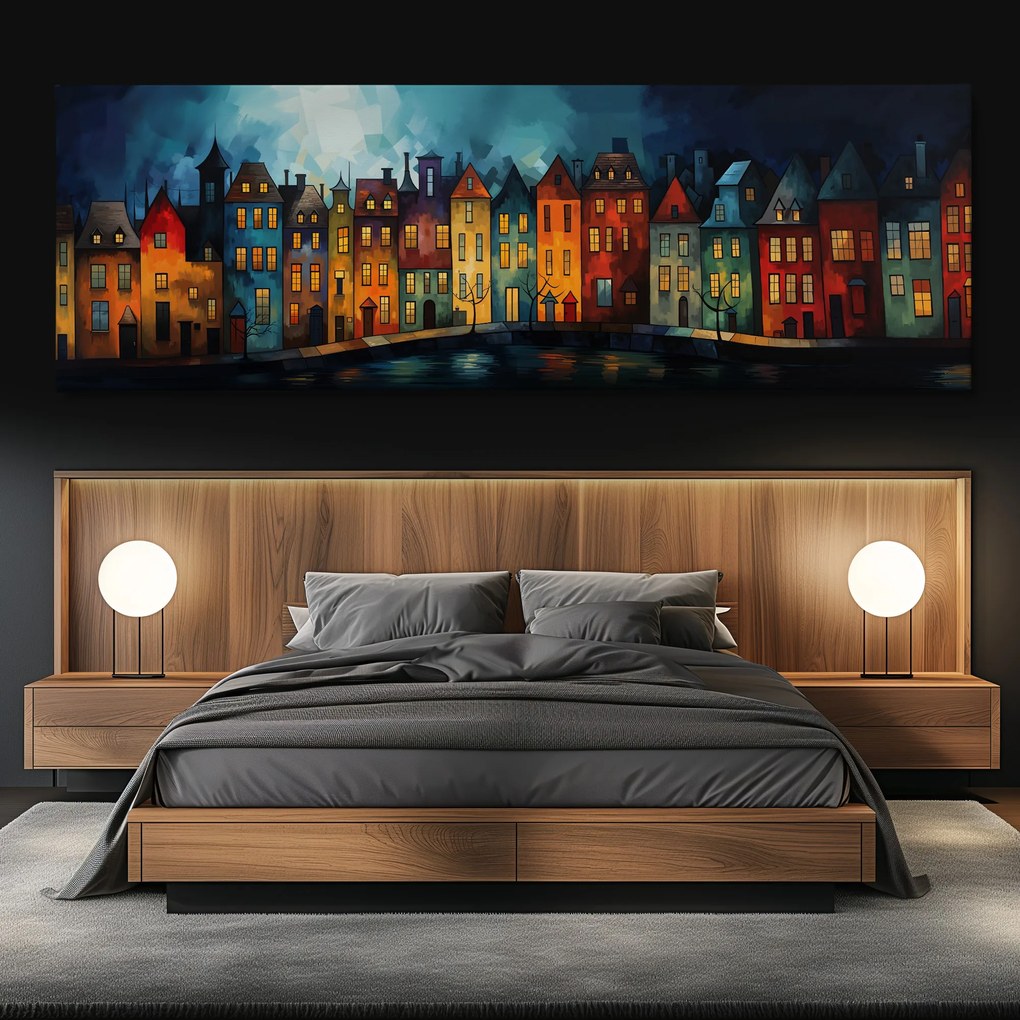 Obraz na plátně - Ulice v Lienes se svítícími domy FeelHappy.cz Velikost obrazu (šířka x výška): 270 x 90 cm