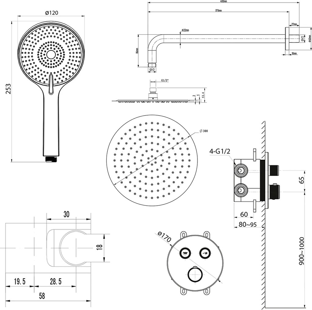 Sapho Sapho, SMART SELECT podomítková termostatická sprchová souprava, 2 výstupy, vystoupení, černá mat, RP032B-01