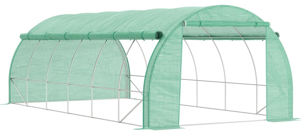 Outsunny polytunelový skleník 6x3x2m s UV ochranou, průchozí, rolovací kryty z trubkové oceli, zelený | Aosom.de