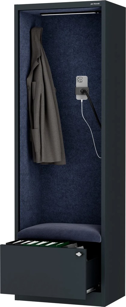 Kancelářská akustická kabina se sedátkem a USB-C portem, korpus antracitový / sedák námořnická modrá, 600 mm: SALLY MentalBox