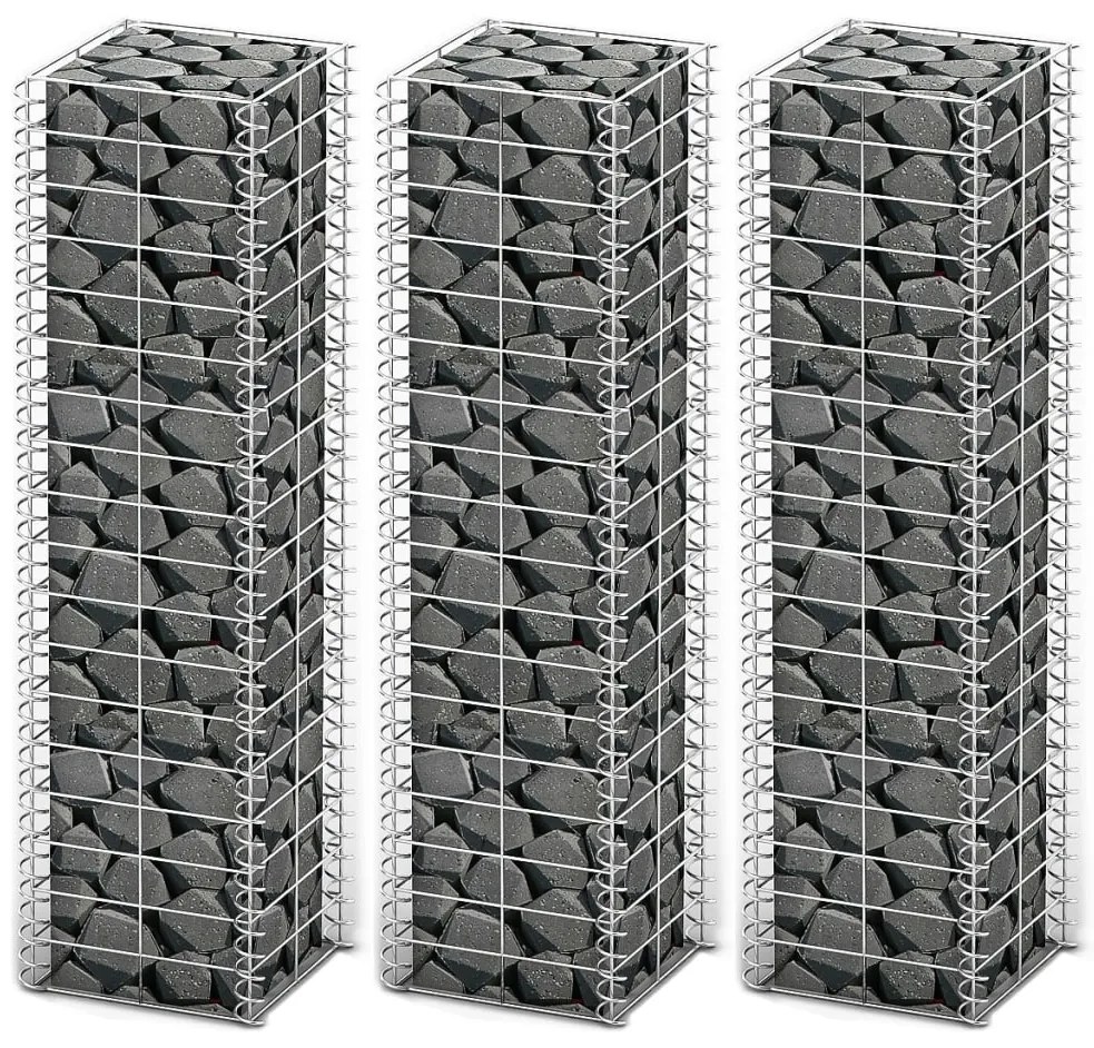 Sada gabionů 3 ks pozinkovaný drát 25 x 25 x 100 cm 141045